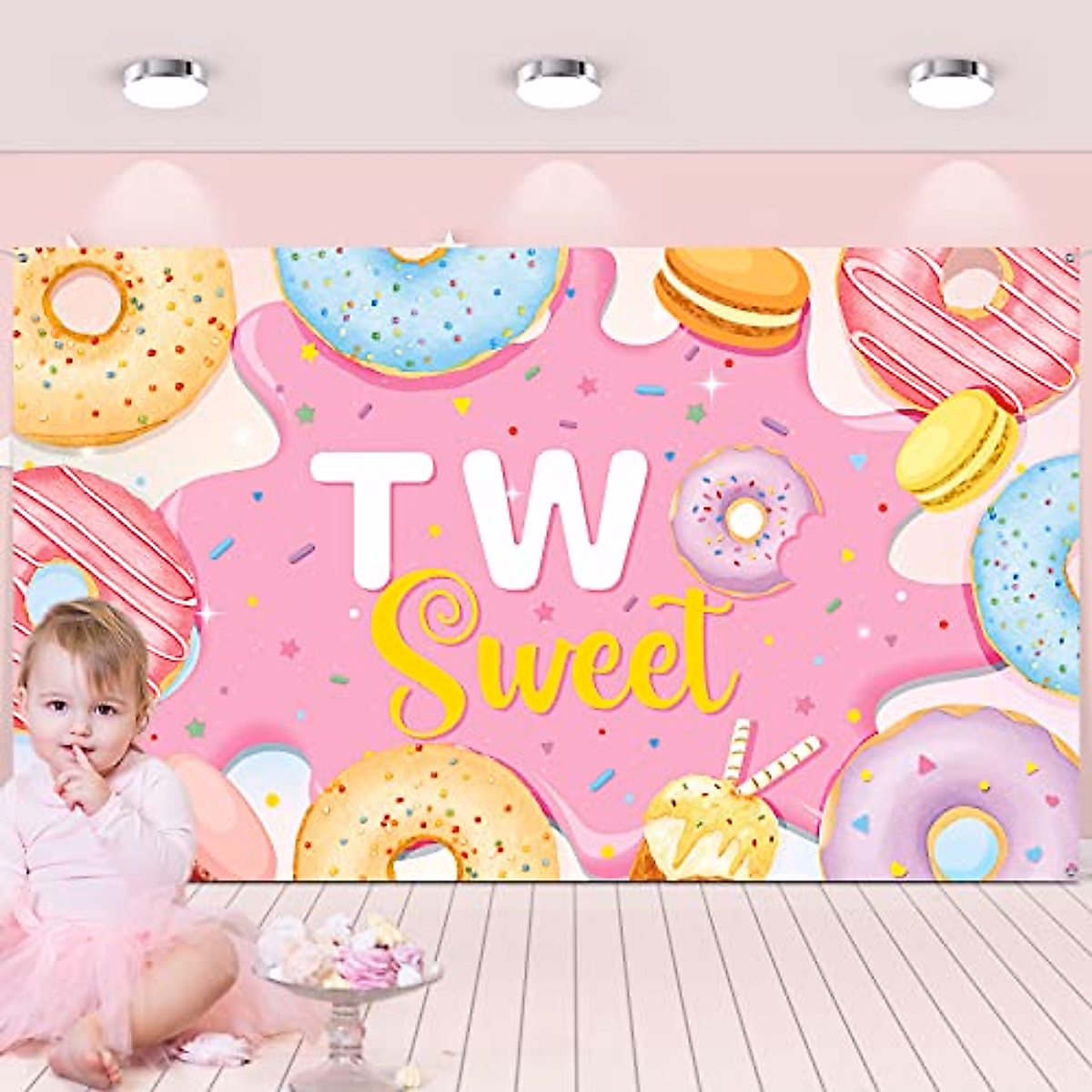 Two Sweet Birthday Backdrop Banner Decoration, Pink Donut 2nd Birthday Party Photography Background Props for Girl Donut Party Donut Grow up Party Candy Party Baby Shower Supplies, 6 x 4 Ft