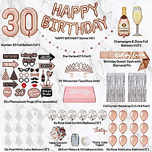 PartyHooman 30th Birthday Decorations for Women With 30th Birthday Sash and Rhinestone Tiara | 30th Birthday Balloons, 2 Pcs Foil Backdrops with 25 pre-assembled photoshoot props | Dirty 30 Birthday