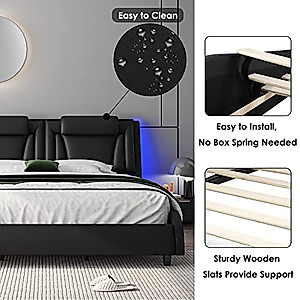 Keyluv Modern Upholstered Bed Frame with Adjustable LED Headboard, Pu Leather Platform Bed with Wave-Like Curve Design and Solid Wooden Slats Support, No Box Spring Needed, Noise Free, Queen, Black