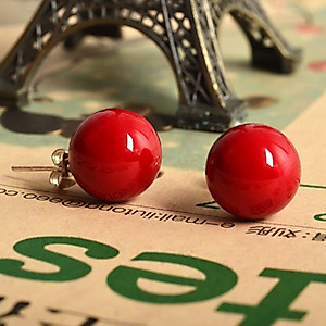 Lureme Women 12mm Red Shell Bead Silver Tone Classic Round Ball Stud Earrings 02001451
