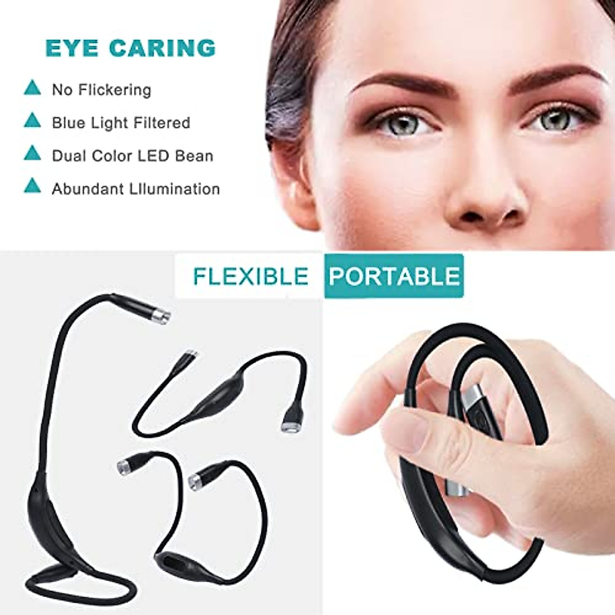 Book Light, Book Light for Reading in Bed, Fast Recharge, Neck Reading Light Slim with 3 Modes, Super Flexy, Hands Free Versatile Neck Light, Up to 70 Hours.Gift for Knitting, Sewing, Camping. (Black)