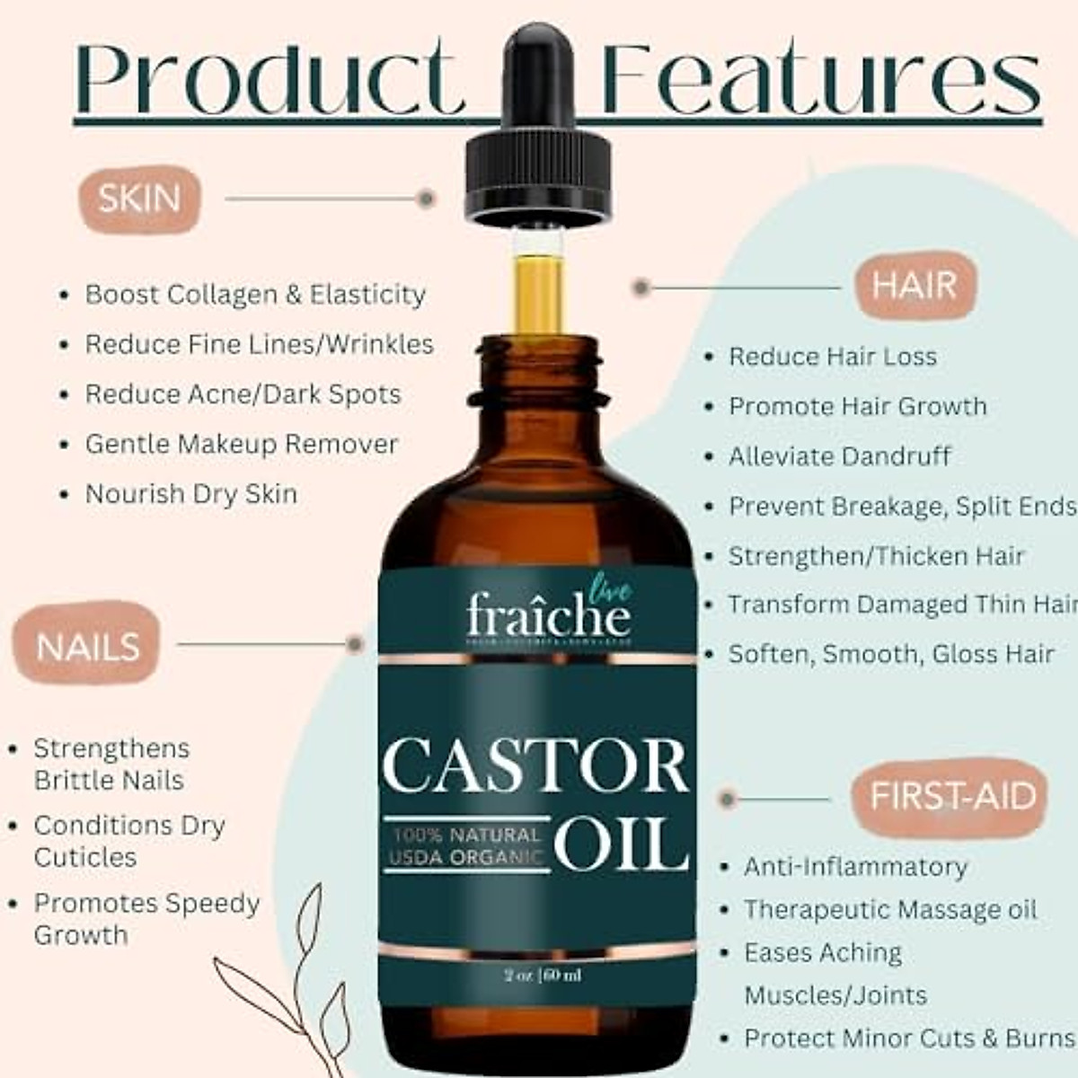 Castor Oil Organic (2oz) + FREE Filled Mascara Tube USDA Certified, 100% Pure, Cold Pressed, Hexane Free by Live Fraiche. Hair Growth Oil for Eyelashes, Eyebrows, Lash Growth Serum. Brow Treatment