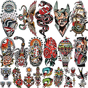 77 sheets Classic Temporary Tattoos Old School Tattoos Stickers, Sailor Jerry Style Vintage Design Fake Tattoo, American Traditional Flower Rose Arm Temporary Tattoos for Women Men Adults Kids