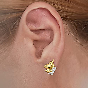 Beyond Brilliance Prong Set Black & White Natural Diamond Unicorn Push Back Stud Earrings in Yellow Gold-plated Sterling Silver Fashion Jewelry for Toddler Gift Box Included