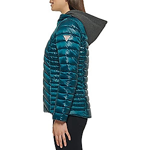GUESS womens Hooded Packable Puffer Transitional Jacket, Emerald, Medium US