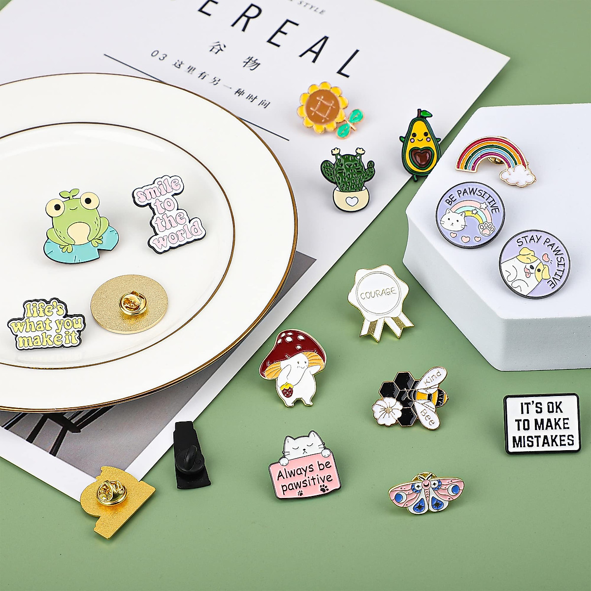 18 Pieces Positive Enamel Pins Set Cute Enamel Lapel Pins Inspirational Cartoon Brooch Pin Badges Butterfly Cat Cactus Enamel Pins with Storage Bag for Women Jeans Backpacks Jackets Hats Decor