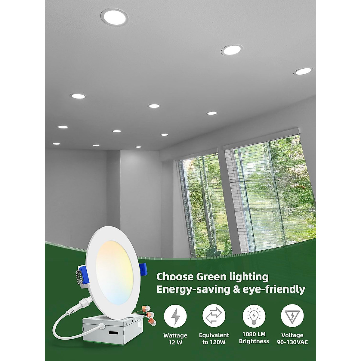 zouzai 1 Pack 6 Inch 5CCT Ultra-Thin LED Recessed Ceiling Light with Junction Box, 2700K/3000K/3500K/4000K/5000K Selectable, 12W Eqv 110W,Dimmable, led can Lights- ETL and Energy Star Certified