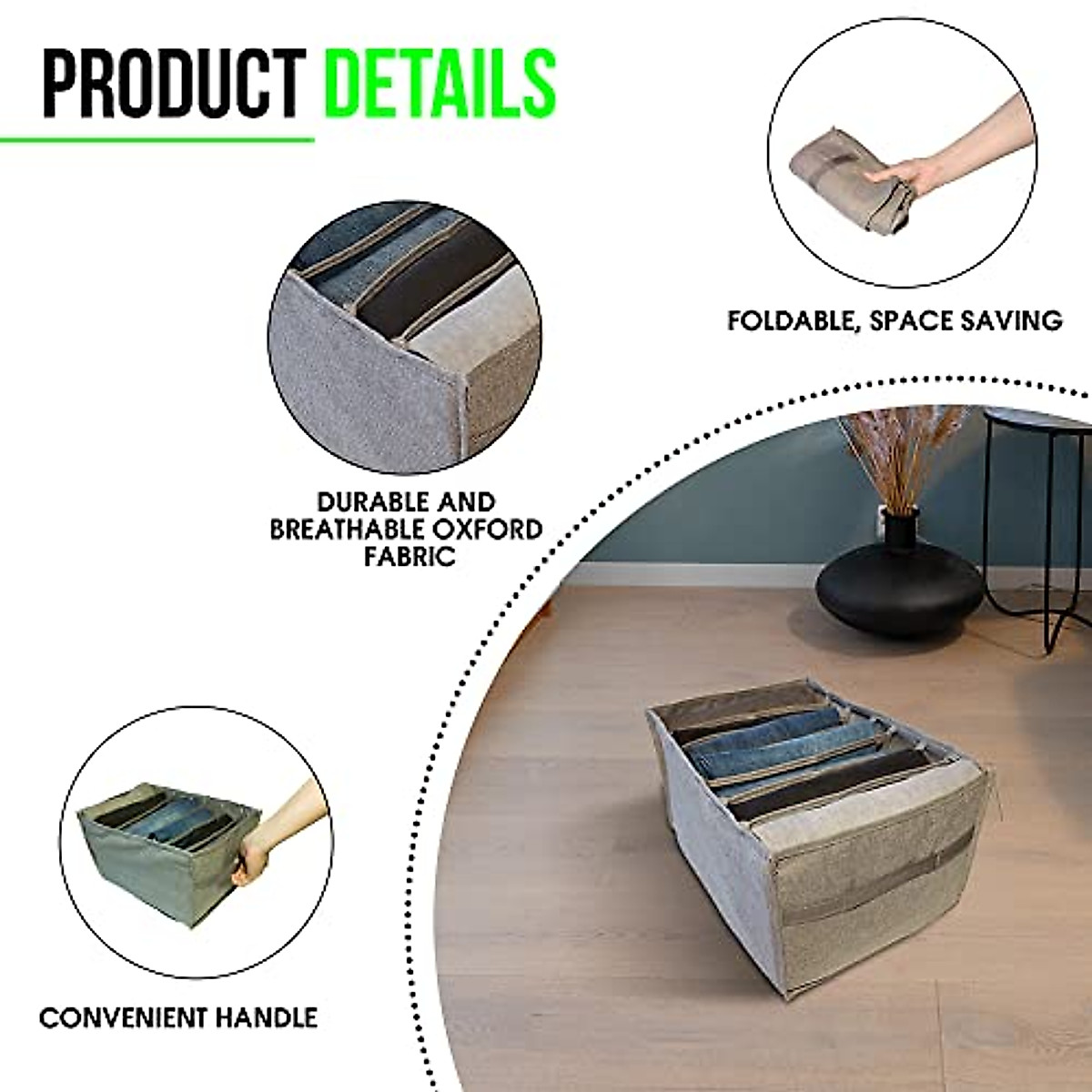 FELOTTE Clothes Drawer Organizer for Jeans, Wardrobe Clothes Organizer for Folded Clothes, Clothes Storage Organizer for Jeans, Leggings, Pants, Dresses, Sweater, T-Shirts (Medium, Grey)