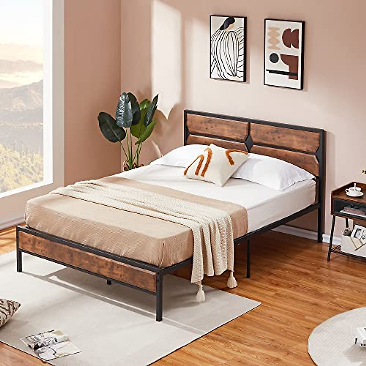 VECELO Bed Frame Queen Size with Wooden Headboard & Footboard, Metal Platform Mattress Foundation with Strong Slats Support& Storage Space, No Box Spring Needed/Easily Assemble,Brown