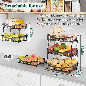 Giwil 3 Tier Countertop Fruit Basket for Kitchen, Vegetable Storage Basket Bread Fruit Bowl Stand with 2 Banana Hooks, Wall Mounted Metal Wire Basket Organizer for Potato Onion, Black