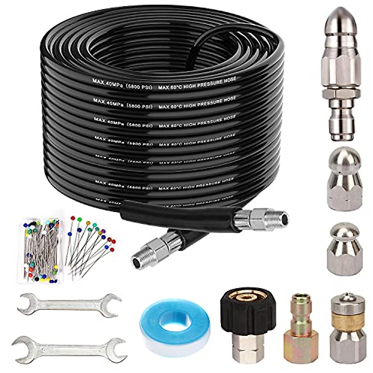 100FT Sewer Jetter Kit for Pressure Washer, 5800PSI Drain Cleaner Hose 1/4 Inch NPT Corner, Rotating and Button Nose Sewer Jetting Drain Jetter Hose Nozzle Pearl Corsage Pin Spanners Waterproof Tape
