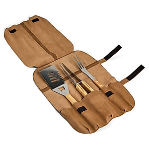 BBQ Tool Set in Buffalo Leather Cover with Name and/or Text - Personalized Leather Cover with Barbecue Tools, Engraved Cover with BBQ Set for Men and Women (Brown, Cognac)