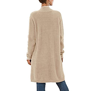 QIXING 2022 Women's Casual Open Front Knit Cardigans Long Sleeve Plush Sweater Coat with Pockets Khaki-Medium