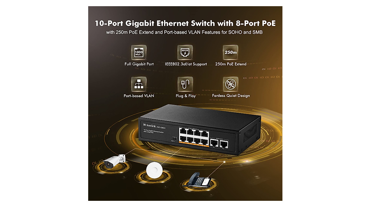 MokerLink 10 Port Gigabit PoE Switch, 8 GE PoE+, 2 GE Uplink, 10/100/1000Mbps, 120W 802.3af/at ...
