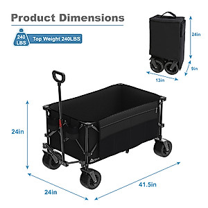 MDEAM Folding Collapsible Wagon,Large Capacity Outdoor Wagons Carts Heavy Duty Foldable Utility with Big All-Terrain Wheels &2 Side Pocket for Camping,Sports(Black)