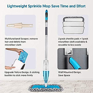Microfiber Spray Floor Mops for Floors Cleaning, POPTEN 360 Degree Cleaning Kitchen Mop with 640ML Refillable Bottle,3 Washable Mop Pads and 1 Scraper Dust Mop Wet Mop for Laminate,Hardwood,Ceramic