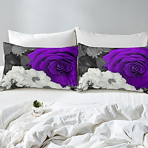 Rose Duvet Cover Queen Size, Purple Rose Floral Bedding Set, Romantic Flower Comforter Cover for Couple Lovers, Black Grey Blossom Quilt Cover, Garden Valentine Decor Bedspread Cover, 3Pcs
