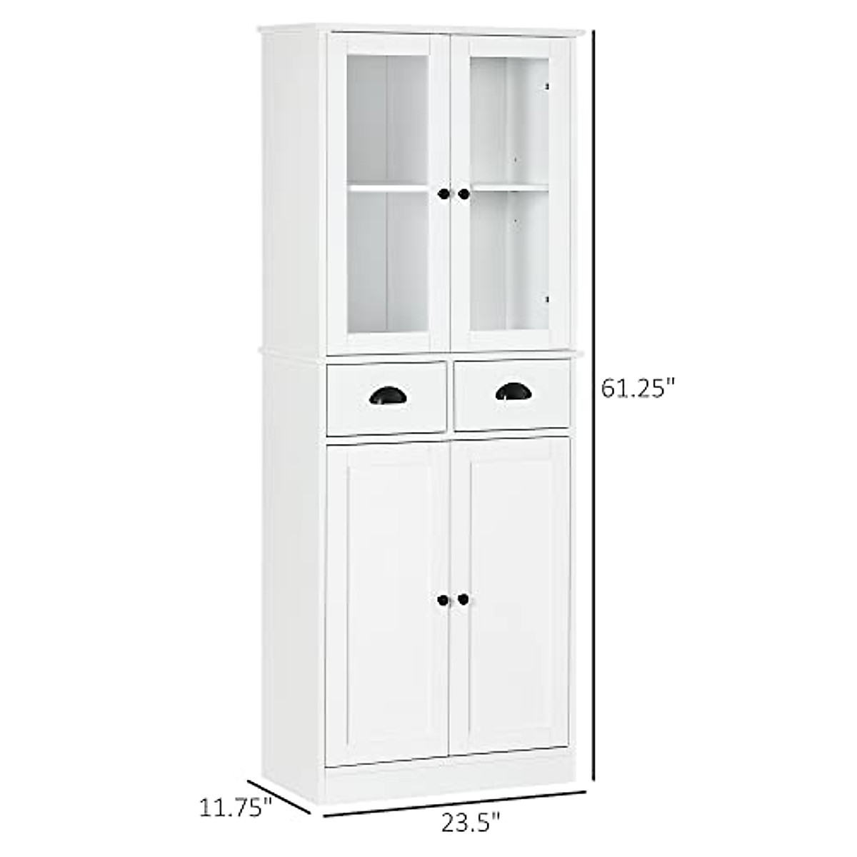 HOMCOM 61" Freestanding Kitchen Pantry, Traditional Style Storage Cabinet with Soft Close Doors, Adjustable Shelves, and 2 Drawers, for Living Room, Dining Room, White