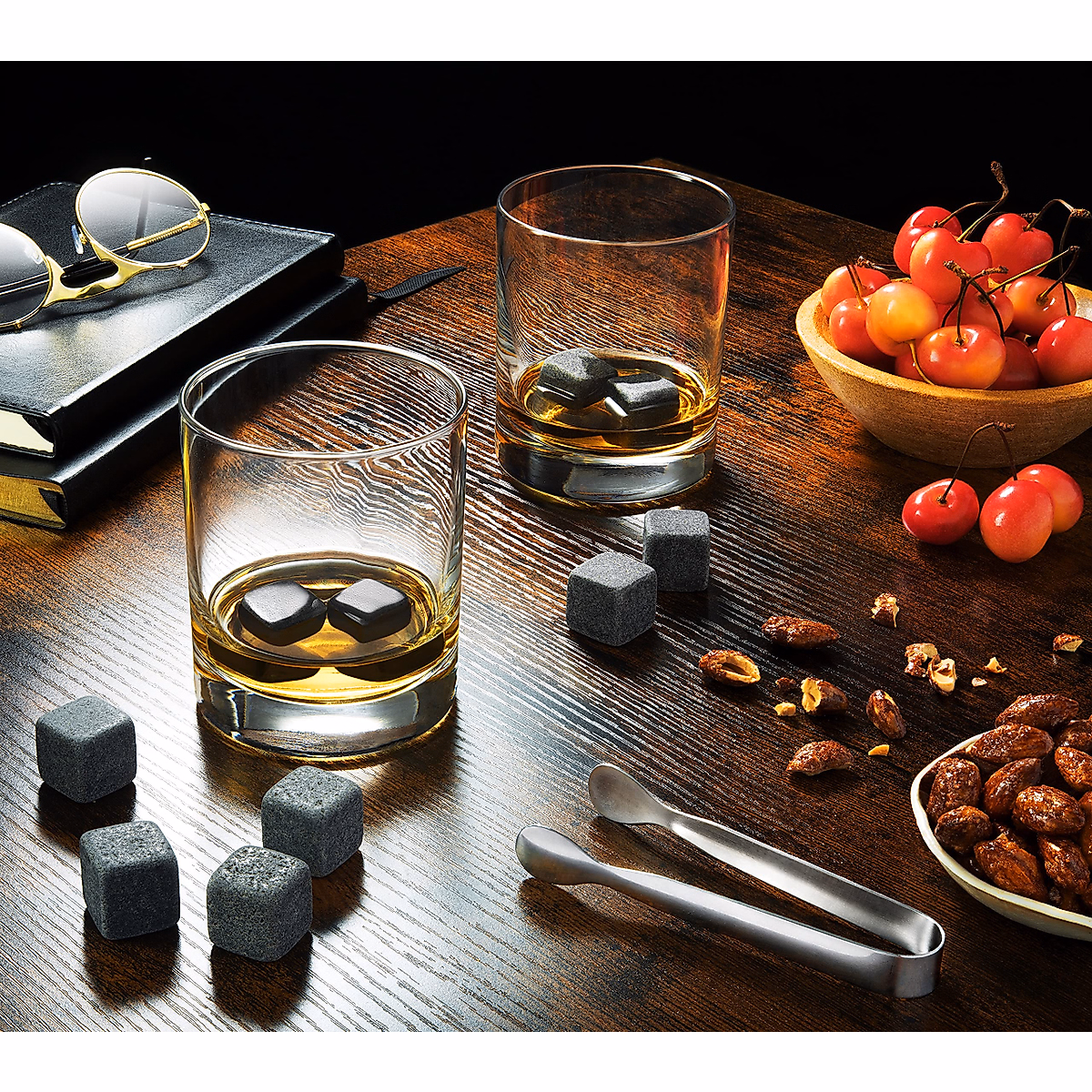 Set of 9 Grey Beverage Chilling Stones [Chill Rocks] Whiskey Stones for Whiskey and Other Beverages - in Gift Box with Velvet Carrying Pouch - Made of 100% Pure Soapstone - by Quiseen