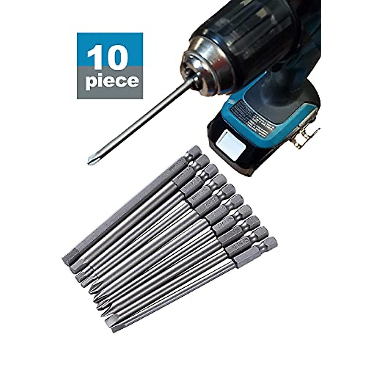 Rocaris 10pcs 1/4 Inch Hex Shank Long Magnetic Screwdriver Bits Set 100mm Power Tools (Slotted+Cross+Hex head)