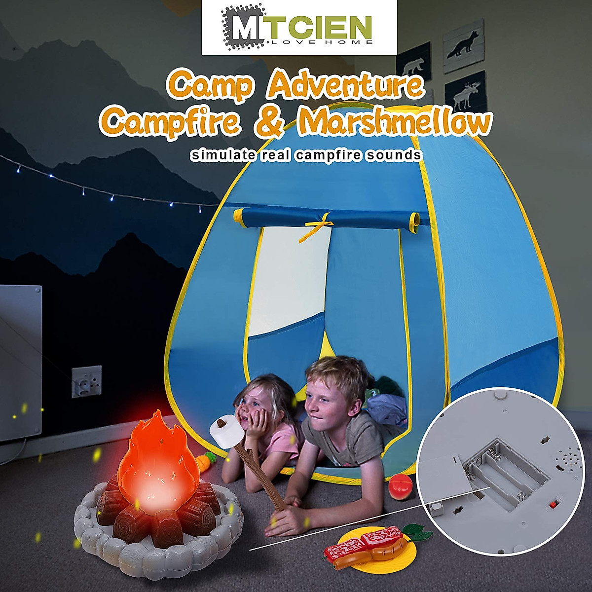 MITCIEN Kids Camping Play Tent with Toy Campfire/Marshmallow/Fruits Toys Play Tent Set for Boys Girls Indoor Outdoor Pretend-Play Game