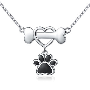 DAOCHONG 925 Sterling Silver Forever Love Heart Dog Bone with Puppy Paw Pendant Necklace for Women Dog Lover Jewelry Graduation Gifts