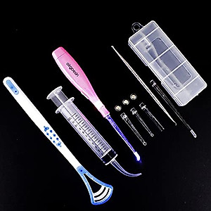 Airgoesin Professional Tonsil Stone Remover Tool LED Light (Pink) | Stainless Steel Tonsillolith Pick Oral Care | Irrigation Syringe | Tongue Cleaner Scraper