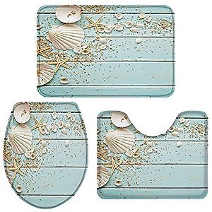 Apular Fashion 3 Piece Bath Rugs Set Starfish Beach Seashell Sand Wood Grain Board Printed Non Slip Ultra Soft Bathroom Mats, U Shape Mat and Toilet Lid Cover Mat Bath Mats