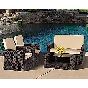 FDW 4 Pieces Patio Sectional Sofa Rattan Chair Outdoor Backyard Porch Poolside Balcony Garden Furniture with Coffee Table, Brown