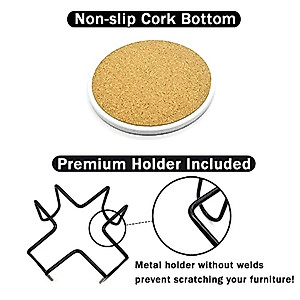 HOPONY Coasters for Drinks,6 Pieces Ceramic Stone Coaster Set with Metal Holder Stand, Cork Base,Absorbent Cups Place Mats for Home Decor,Abstract Leaf