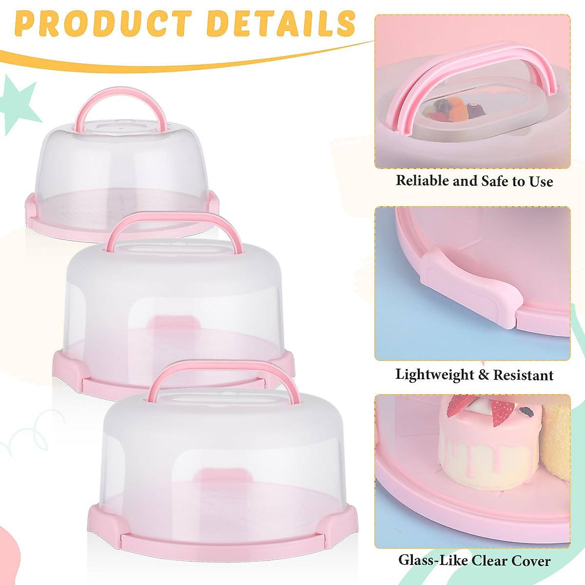 Baderke 3 Pcs Cake Carrier with Lid 9.8 Inch 10.8 Inch 12 Inch Cake Stand with Lid and Handle Portable Round Cake Carrier Plastic Cake Container Cake Holder Pink Cake Keeper for Transporting Cupcakes
