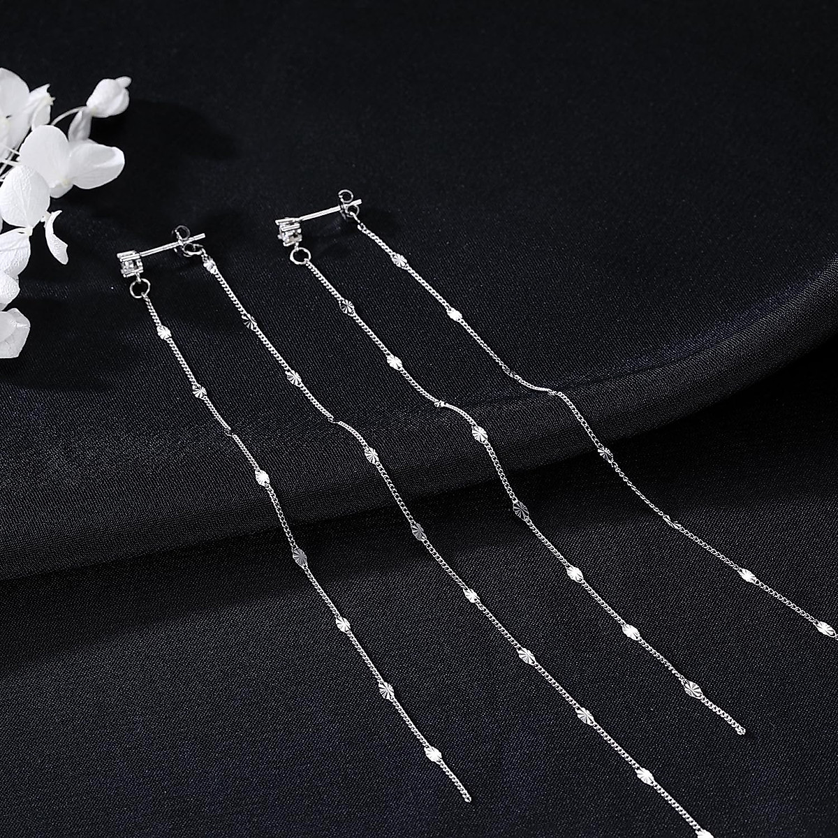 SLUYNZ 925 Sterling Silver CZ Studs 6.3inch Long Chain Earrings Dangle for Women Line Earrings Chain Backs (A-Silver)