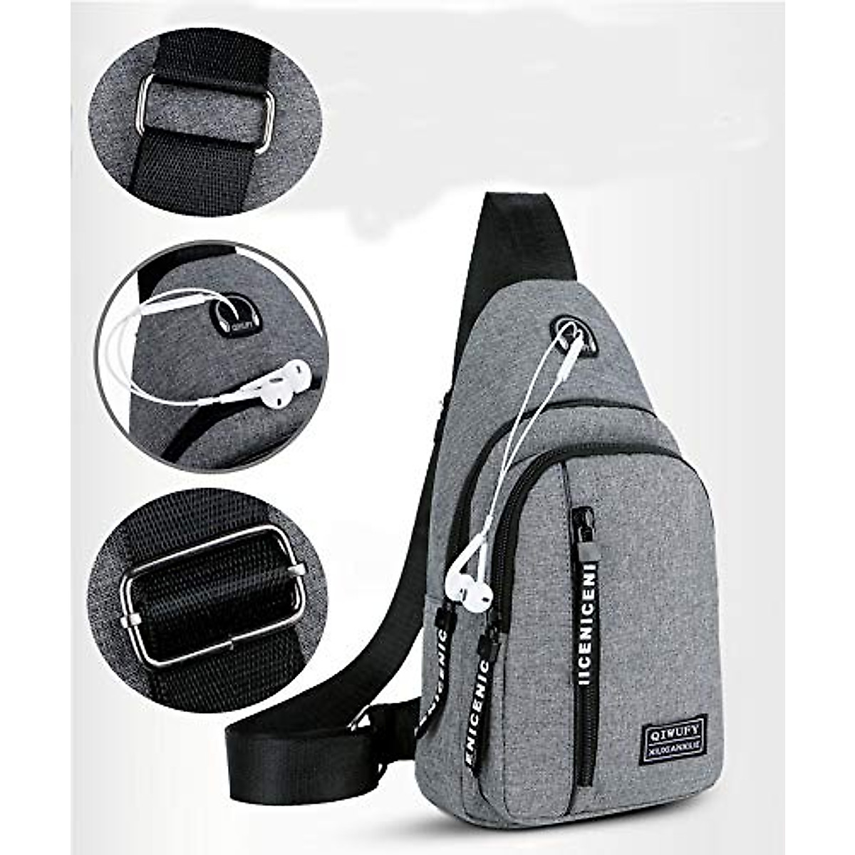 Small Sling Bag Crossbody Chest Shoulder Water Resistant Travel Bag for Men Women With Earphone Hole (Gray)