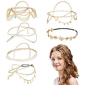 MTLEE 6 Pcs Gold Head Chain Jewelry Boho Bridal Headpiece Turquoise Tassel Headbands Boho Hair Accessories for Women Girls