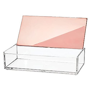 mDesign Small Makeup Organizer Box with Decorative Lid for Vanity Countertops, Cabinet - Store Makeup Brushes, Eye Shadow Palettes, Lipstick, Lip Gloss, Blush, Jewelry - Plastic, Clear/Rose Gold