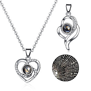 NW 2 pcs Pendants i love you necklace in 100 languages Projection Heart Pendant necklace for women mother with led light heart gift box SLIVER