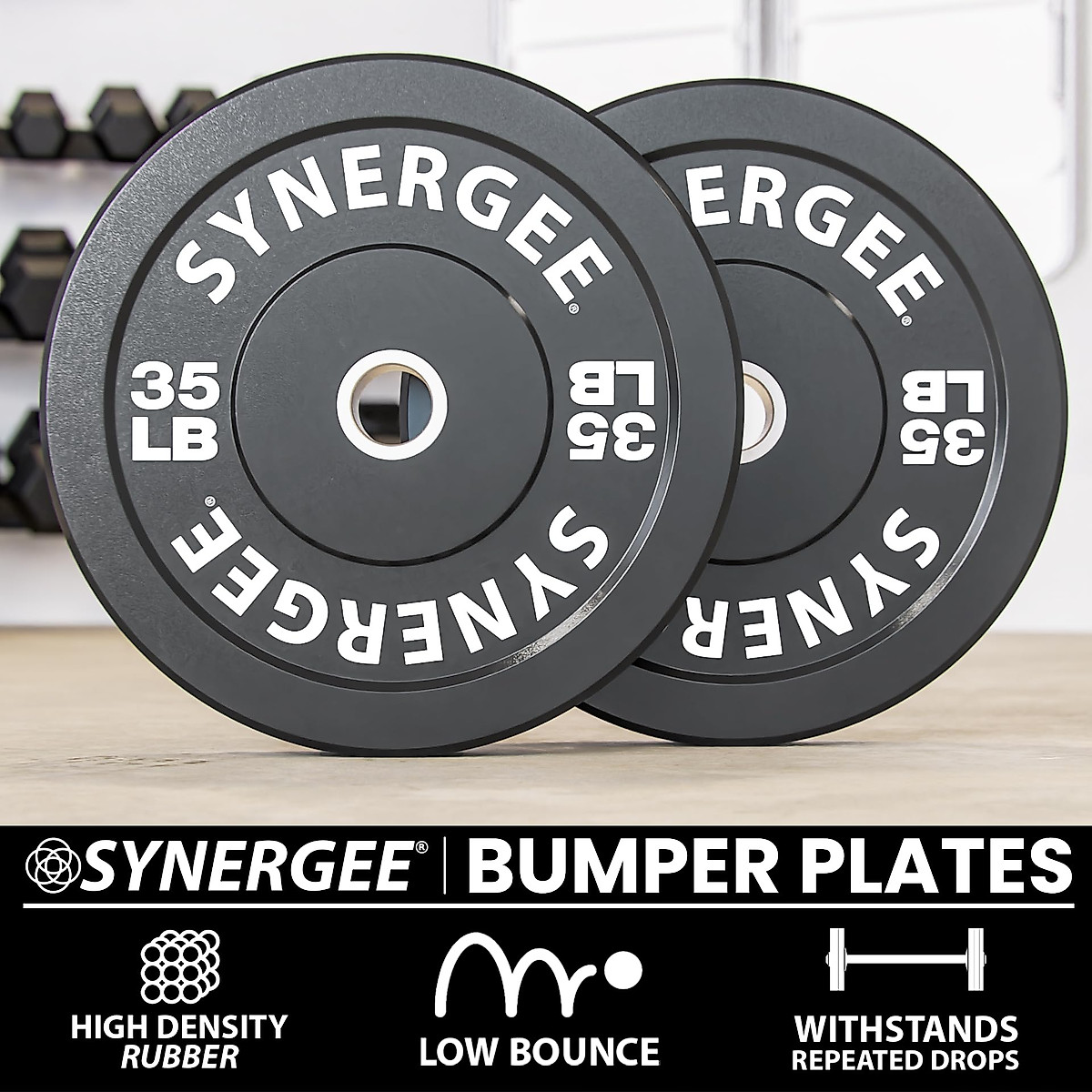 Synergee Bumper Plates – Durable Olympic Weight Plates, Low-Bounce Rubber for Strength Training, Powerlifting, and Functional Workouts.