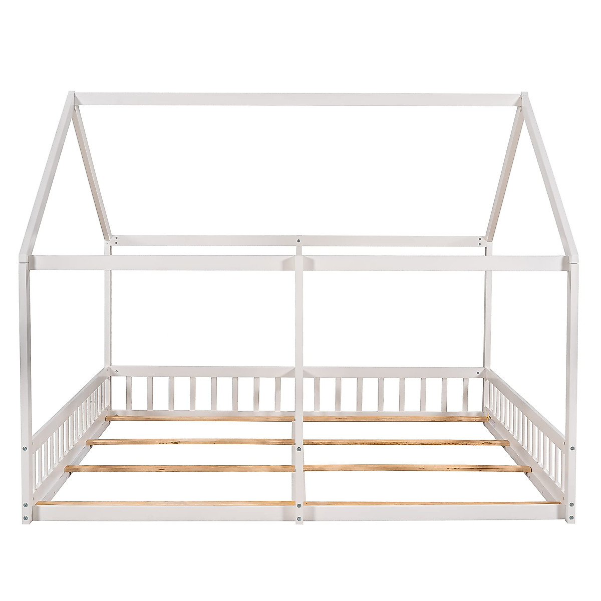 Twin House Bed for 2 Kids Wood Double Floor Beds Frame with Fence Railings Two Shared Beds for Boys Girls Teens, Twin Size, White