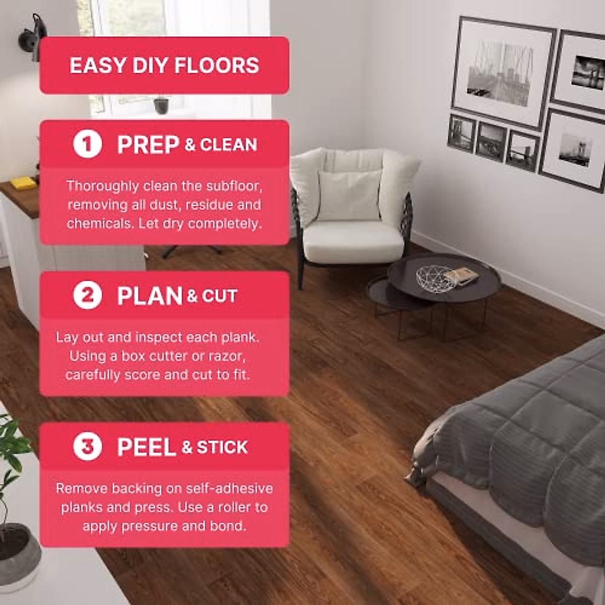 LUCiDA SURFACES Luxury Vinyl Flooring Tiles | Peel and Stick Floor Tile for DIY Installation | 12 Wood Look Planks | Chestnut | BaseCore | 18 Sq. Feet