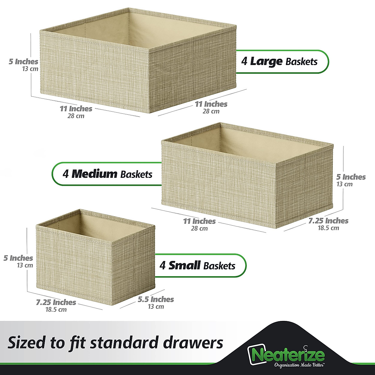 Drawer Organizer Clothes Set of 12 Beige - Dresser Organizer For Nursery, Bedroom, Closet - The Perfect Baby Clothes Organizer and Storage & General Nursery Organization or Dresser Drawer Organizers