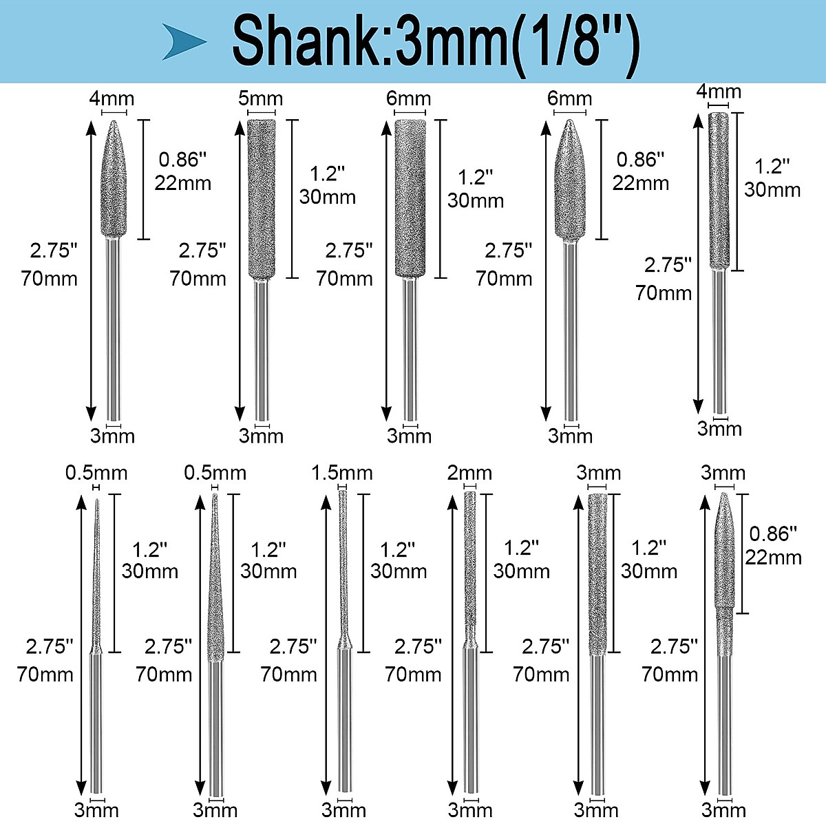 Stone Carving Set Diamond Burr Bits Compatible with Dremel, 11PCS Polishing Kits Rotary Tools Small Long Cone Accessories with 1/8’ Shank For Carving, Engraving, Grinding, Stone, Rocks, Jewelry, Glass