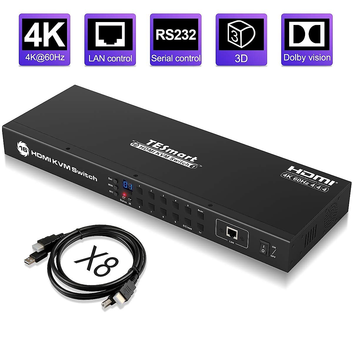 TESmart 16x1 HDMI KVM Switch 16 Port Enterprise Grade Support 4K 60Hz Ultra HD Console Rack Mount Switcher with 8 Pcs 5ft KVM Cable,USB 2.0 Device Control up to 16 PCs/Servers,RS232,LAN Port Control