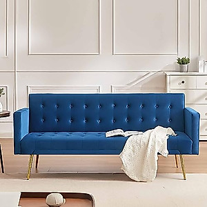 RIDFY 70” Modern Velvet Futon Sofa Bed, Convertible Sleeper Couch with Metal Legs/Armrests, Folding Upholstered Loveseat, 3 Adjustable, Memory Foam Living Seat, Recliner Sofa (Blue)