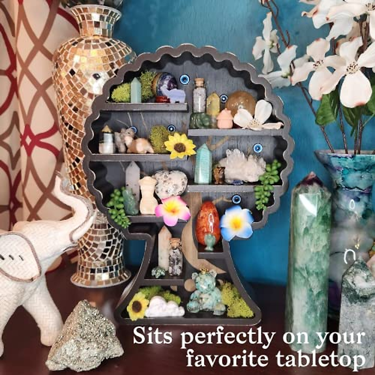 Crystallized Concepts Evil Eye Decor Tree Display Shelf for Crystals | Crystal Decor & Display Shelves | Moon Shelf | Crystal Holder | Moon Decor | Crystal Shelf | Boho Wall Decor for Essential Oils