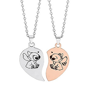 Cartoon Stitch & Angel Necklaces Set - 2Pcs Stainless Steel Chain Pendant Couple Choker Jewelry Accessories, Gifts for Lover