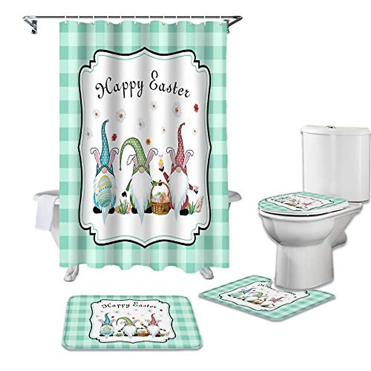 OneHoney Shower Curtain Sets 4 Pieces with Non-Slip Rugs Easter Gnome with Spring Flowers and Eggs,Waterproof Bathroom Curtains, Teal Buffalo Plaid Decor Bath Mat, Toilet Lid Cover and Floor Door Mat