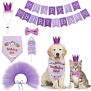 Cozifree Dog Birthday Bandana Girl Boy 6Pcs Birthday Party Supplies - Tutu Skirt Crown Hat Scarf Tie Happy Birthday Banner Cake Topper Decorations Birthday Outfit for Pet Puppy Cat Purple