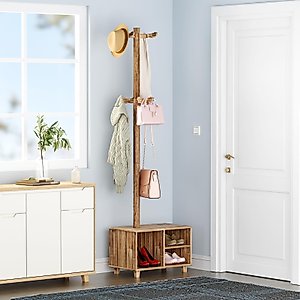 Yoimori Coat Rack, Wooden Coat Rack Freestanding with Storage Cabinet and 12 Hooks, Coat Tree,Sturdy Coat Rack Stand for Entryway, Hallway, Bedroom, Living room, Office, Coats, Bags, Hats(Brown)