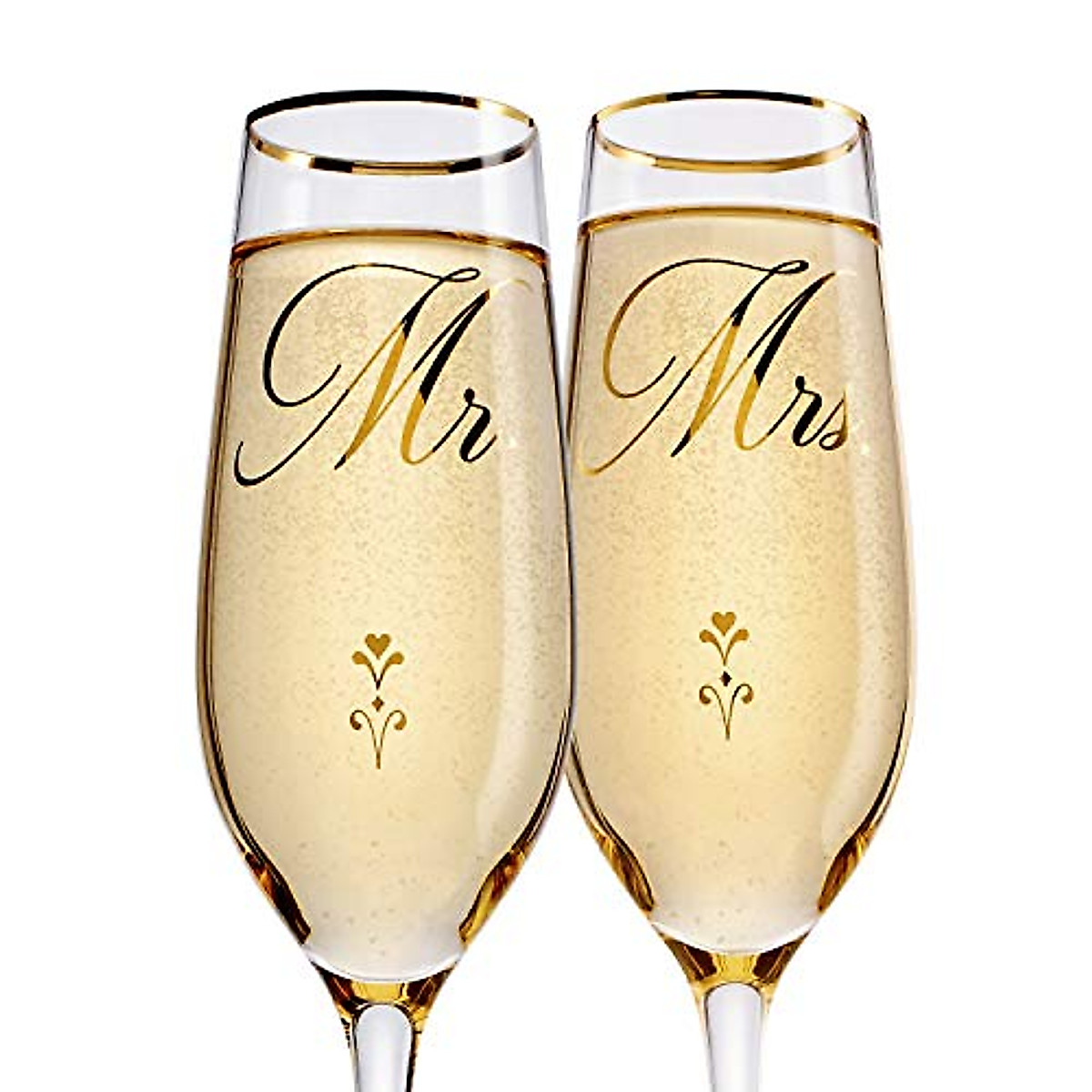 Bride and Groom Champagne Glasses (8 oz), Gold Print Mr and Mrs Glasses for Wedding Glasses and Toasting Flutes, Bridal Shower Gifts, Engagement Gift, Comes with Gift Box and Note Card