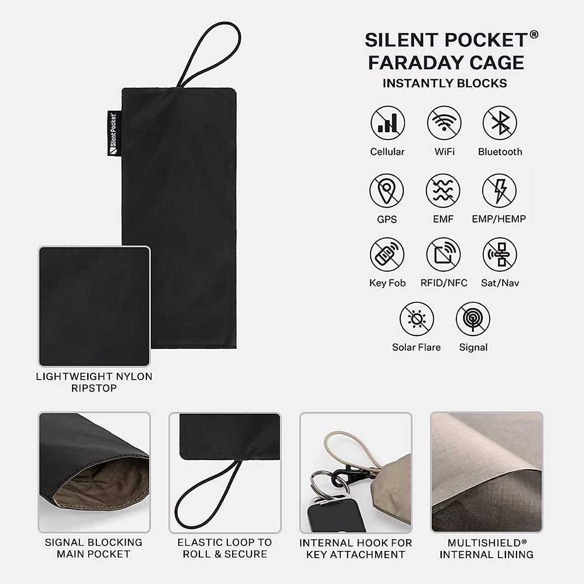 SLNT Flexible Key Fob Guard with Silent Pocket - Car Anti Theft Device Shields Against All Signal Types, Includes RFID, NFC Blocking & Faraday Bag - Fits Most Keyfobs, Portable & Attaches to Keychain